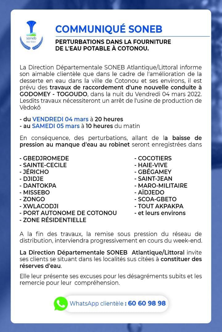 Perturbation dans la fourniture de l’eau potable à Cotonou: Le message ...